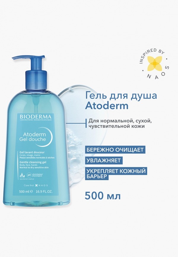 Гель для душа Bioderma смягчающий и увлажняющий, с дозатором, цвет ...