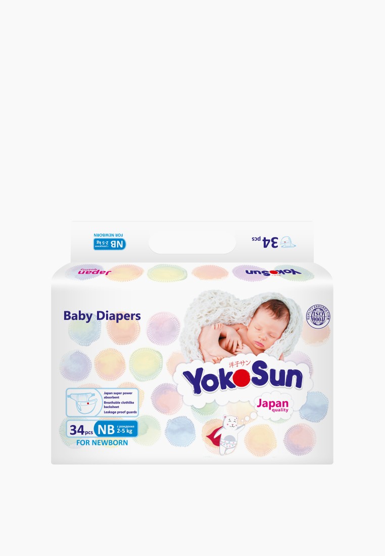 Подгузники Yokosun Comfort на липучках NB (2-5 кг), 34 шт., цвет: белый ...