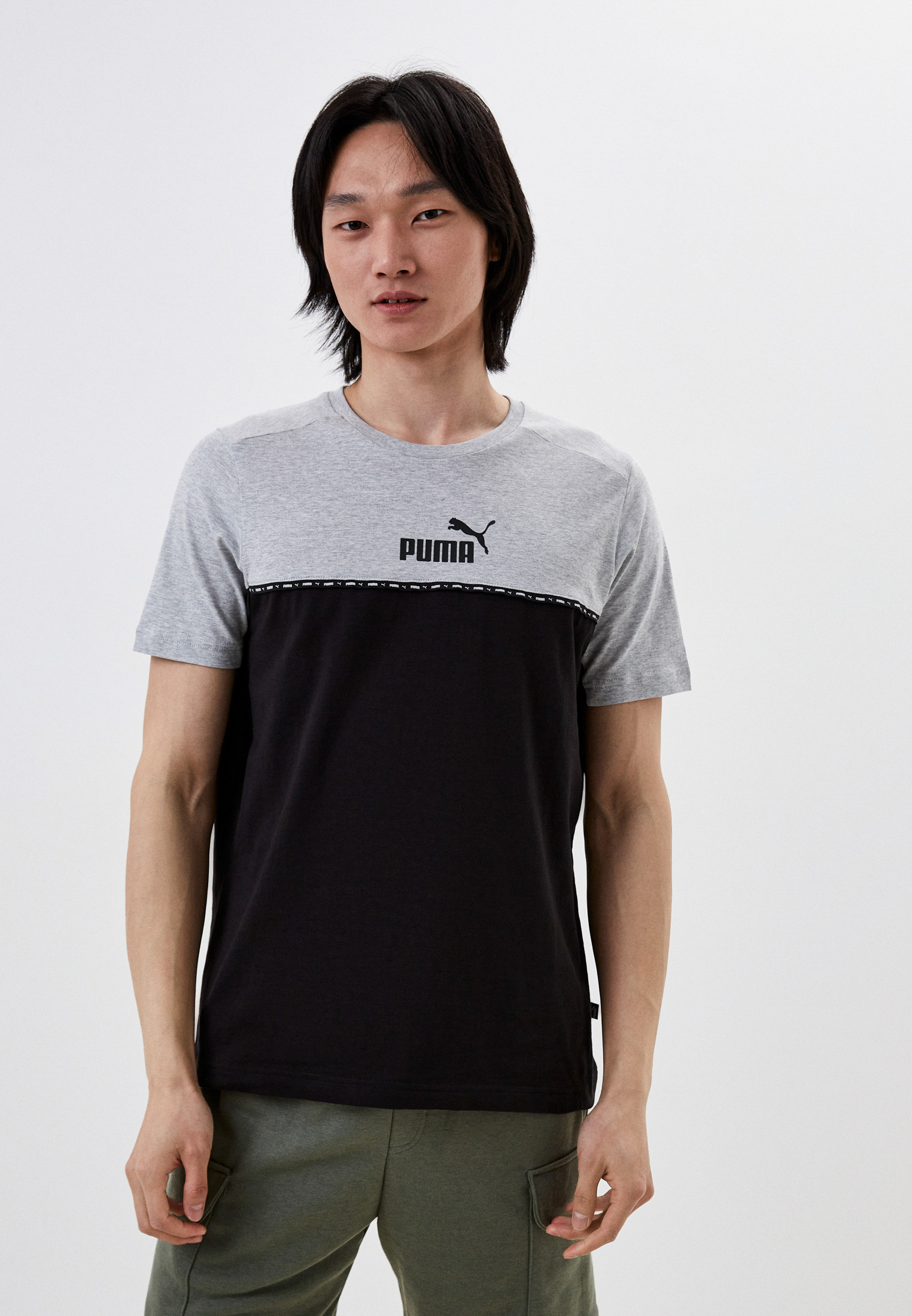 Футболка PUMA ESS BLOCK x TAPE Tee Light Gray Heather, цвет: черный ...
